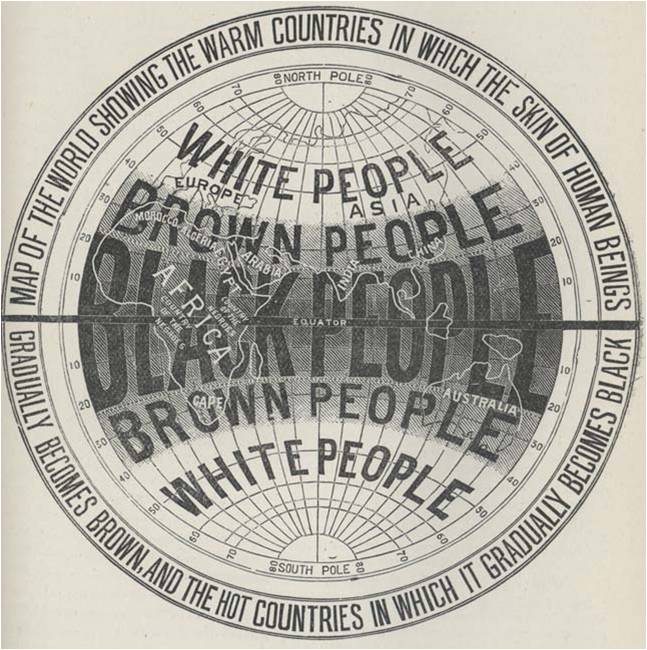 Map of the world showing the warm countries in which the skin of human ...